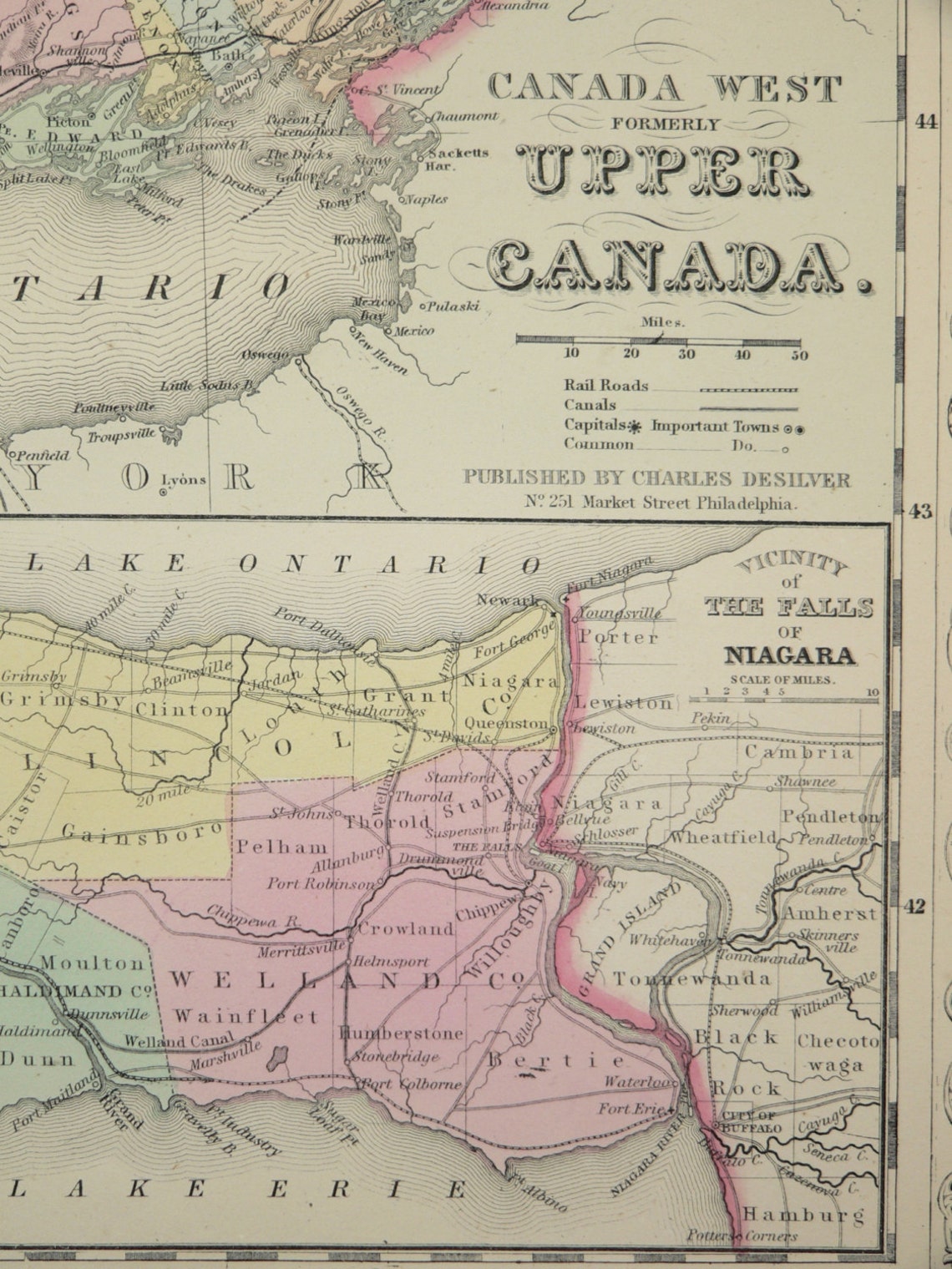 Antique Ontario Canada Map, 1858 Mitchell Map, Niagara Falls, Toronto ...