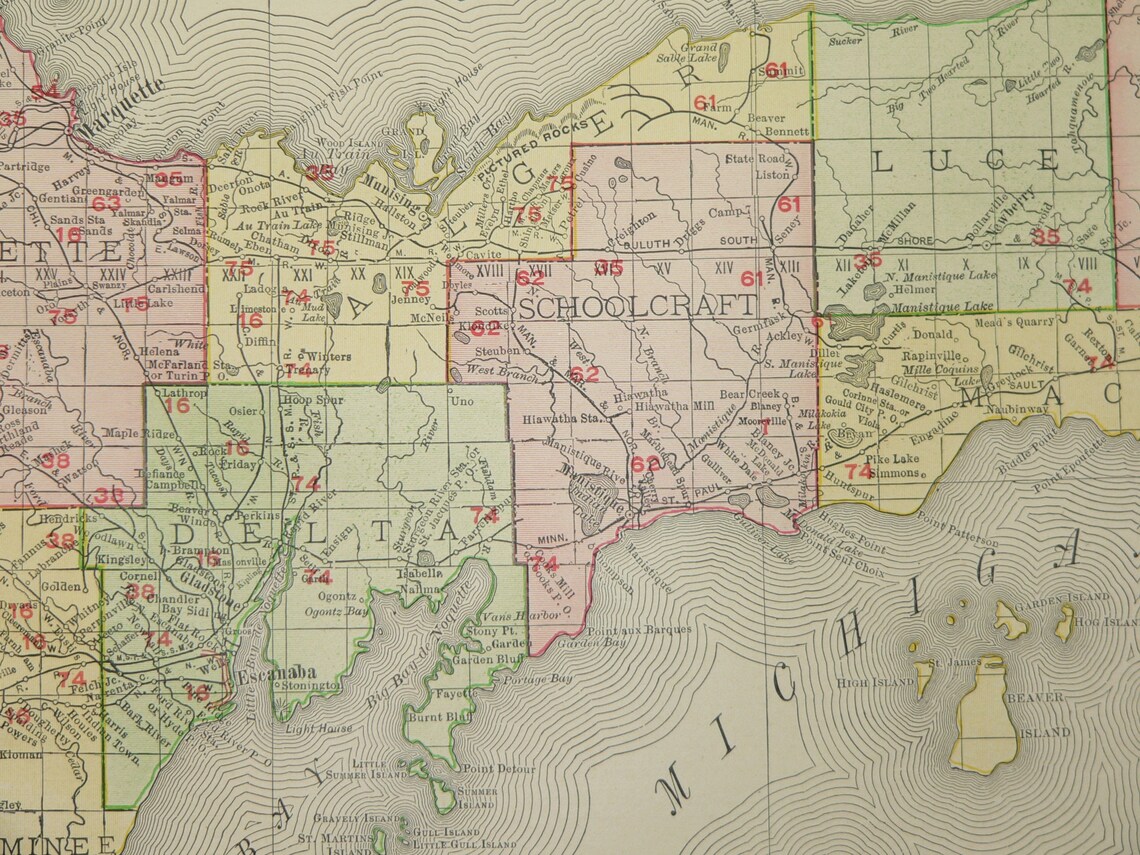 Large Upper Peninsula MI Map UP Michigan Map 1908 Original - Etsy