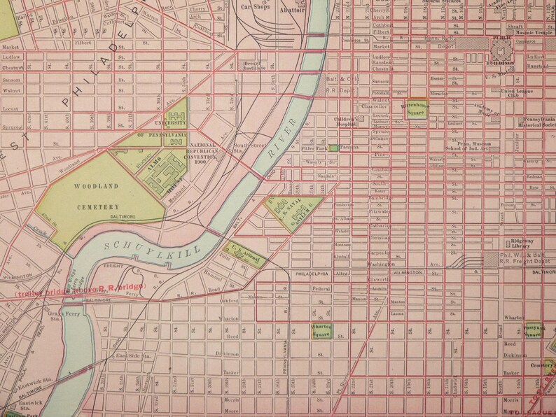 Very Large 1908 Antique Map of Philadelphia PA, Original Vintage ...