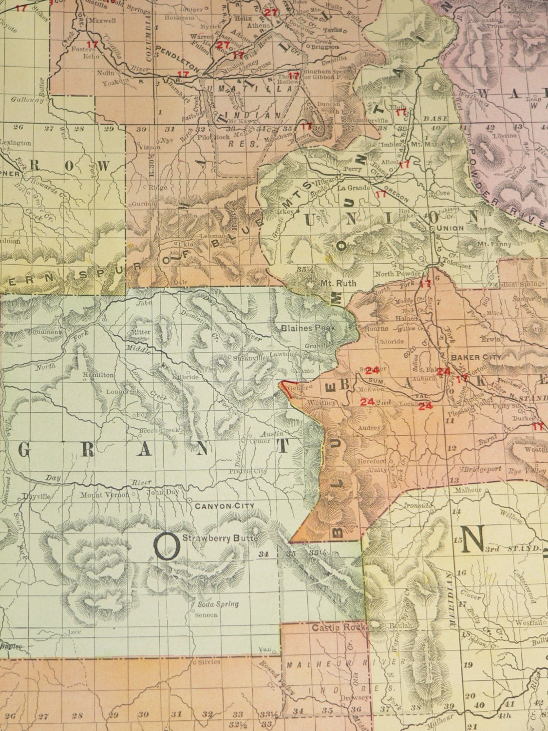 1903 Large Oregon Map, Antique Map of Oregon, OR Railroad Map, Office ...