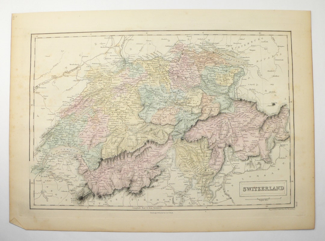 1852 A & C Black Map of Switzerland, Original Antique Switzerland Map ...