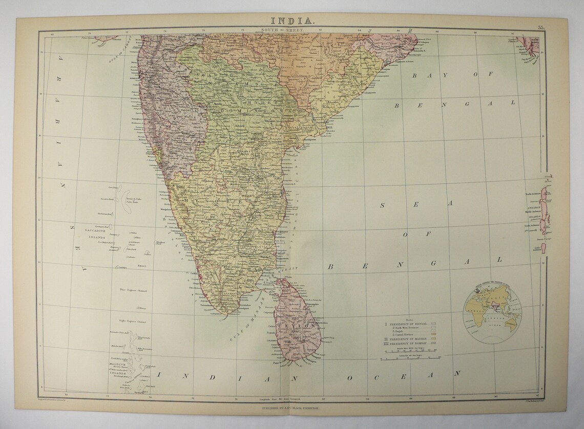 1873 Southern India Map Original Antique Map of India Ceylon - Etsy