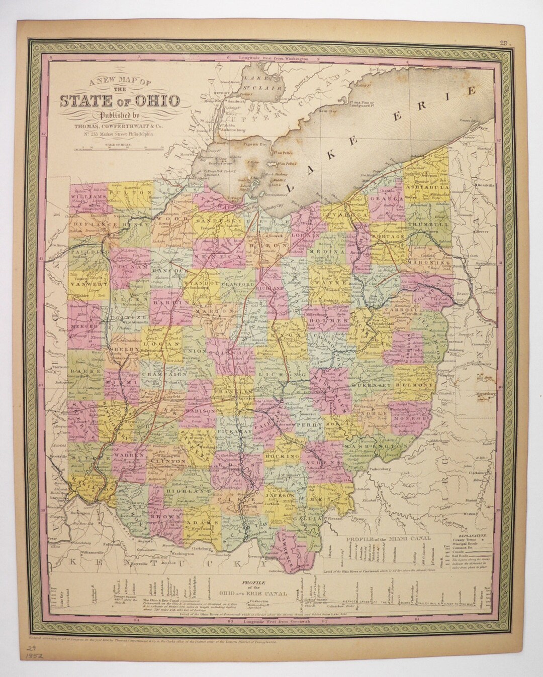 1852 Map of Ohio, Antique Mitchell Ohio Map With Original Hand Color ...