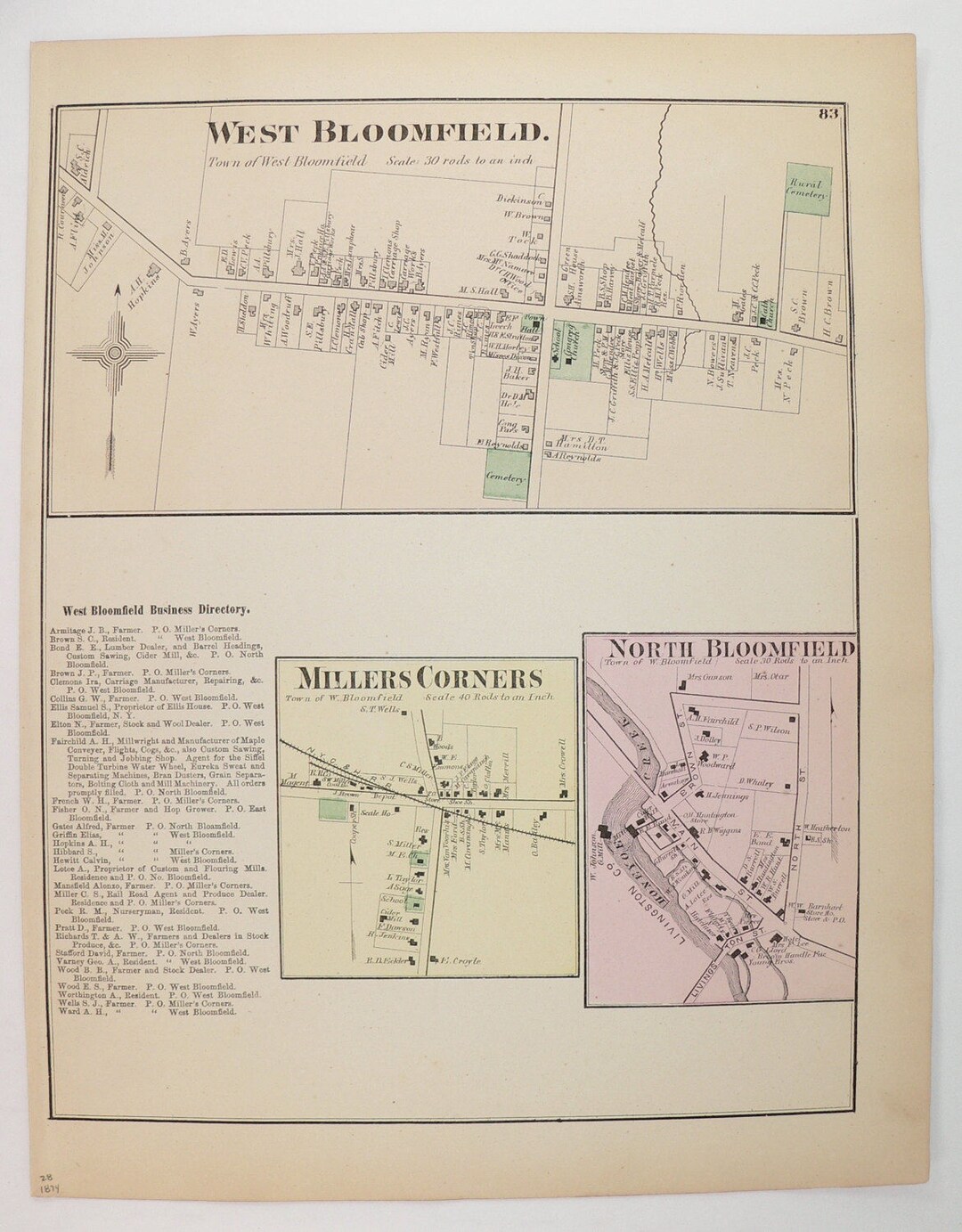 1874 West Bloomfield Map, Handcolored Antique Map, North Bloomfield NY ...