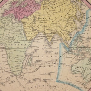 Original 1852 Antique World Map of the World, Hemisphere Map 1852 ...