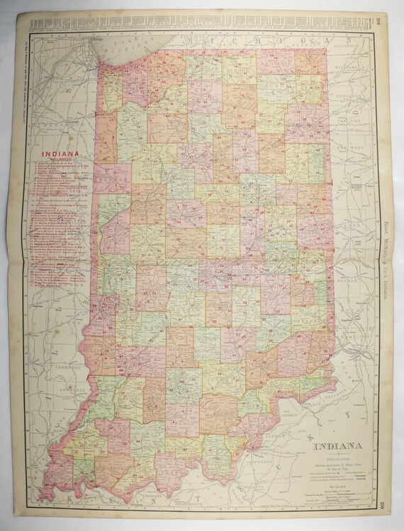 Large Indiana Map 1903 Original Vintage Map of Indiana State | Etsy