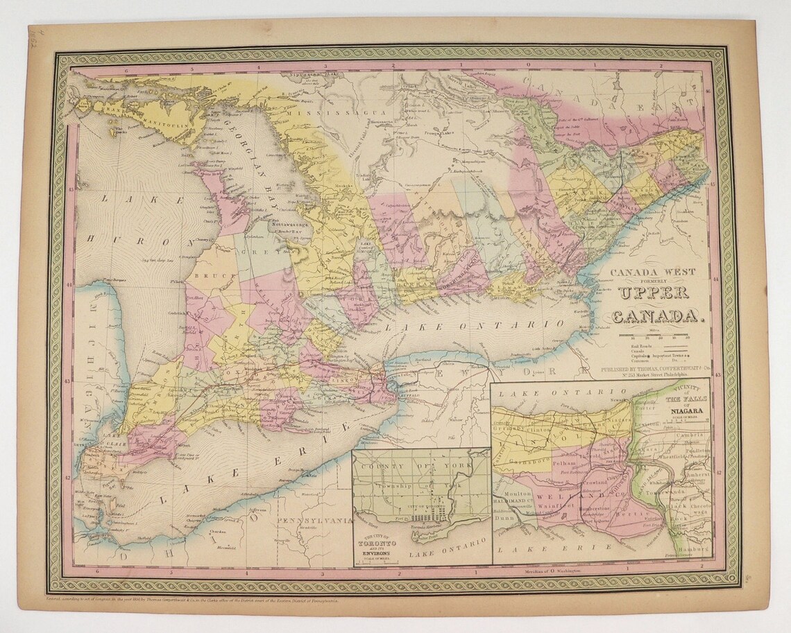 1852 Ontario Canada Map Handcolored Map Ontario Canada 1852 - Etsy