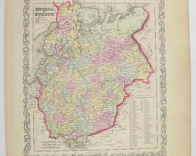 Original Antique Map Russia in Europe 1858 Mitchell Map, Poland ...