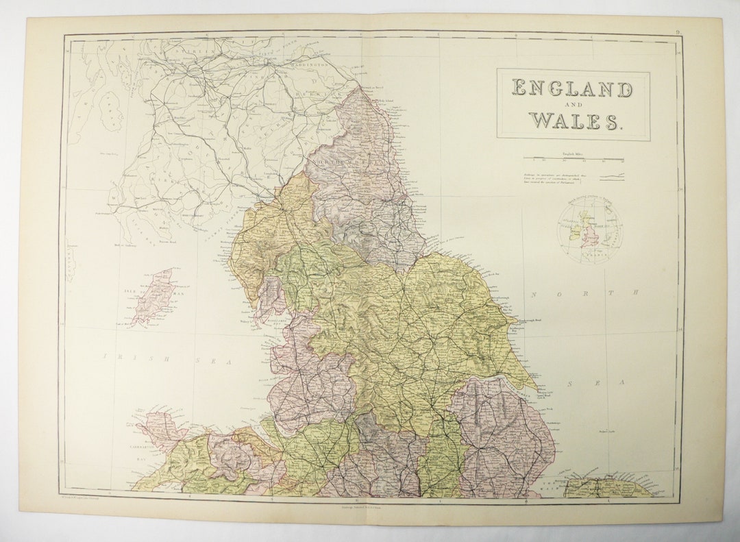 1873 Antique England Map Wales 1873 A C Black Map of England and Wales ...