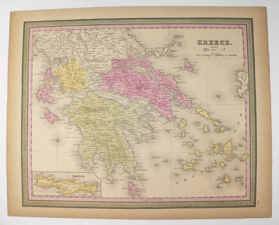 1852 Greece Map, Original Antique Map of Greece, Greek Islands Cyclades ...