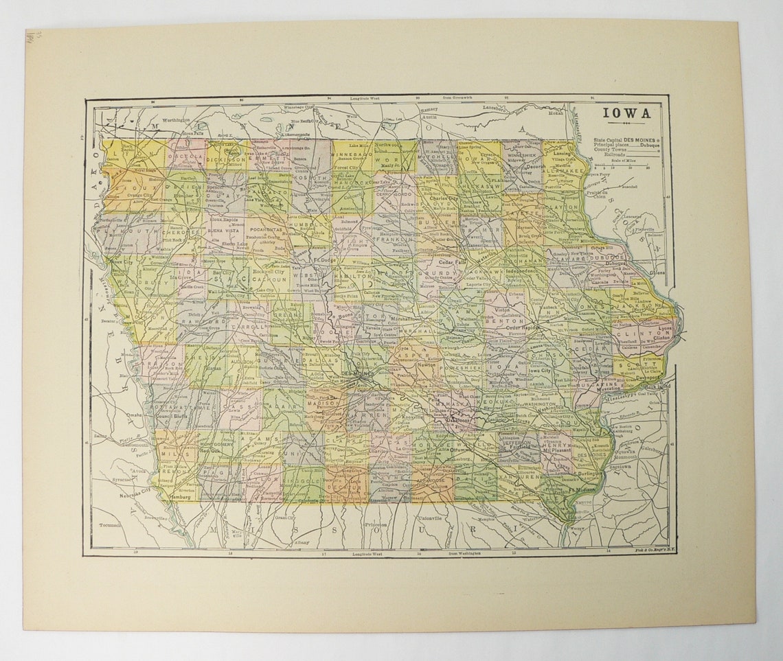 Antique Map of Iowa State 1896 Vintage Iowa Map US Geography | Etsy