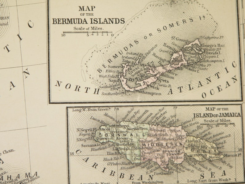 Original Vintage Map of Central America, Cuba 1886 Bradley Map, West ...