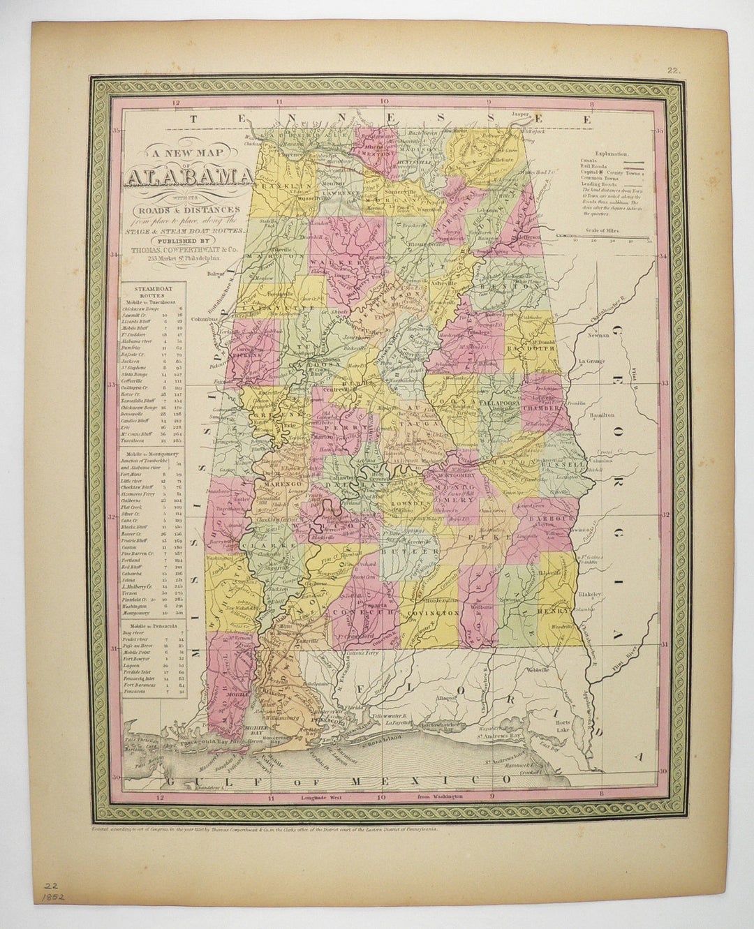 1852 Alabama Map, Antique Gulf Coast Art, Mitchell Atlas - Etsy