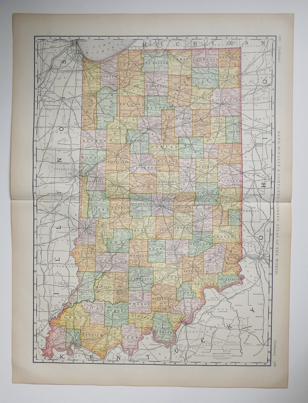 Large Indiana Map 1892 Vintage Map of Indiana State, Genealogy Research ...