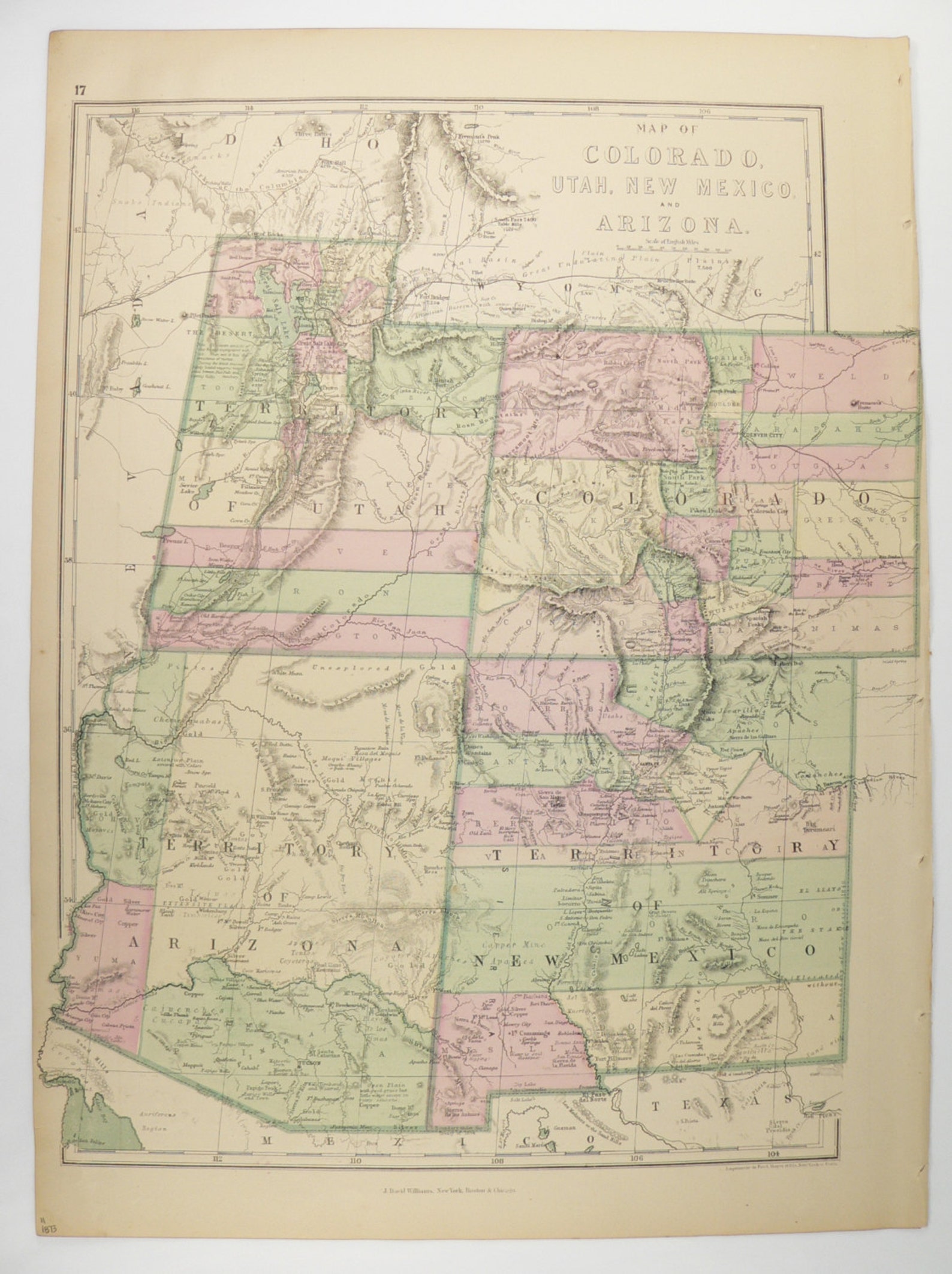 1873 Antique Colorado Map, Arizona New Mexico Map Utah, Western US ...