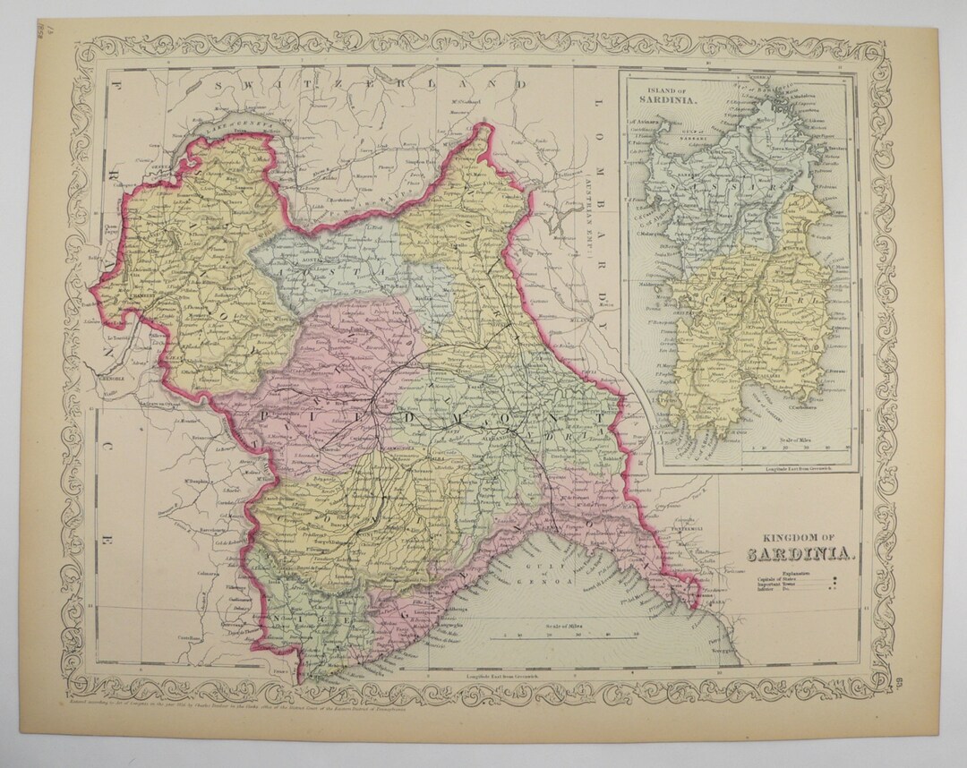 Original Antique Map of Italy Northwest 1858 Mitchell Map With Hand ...