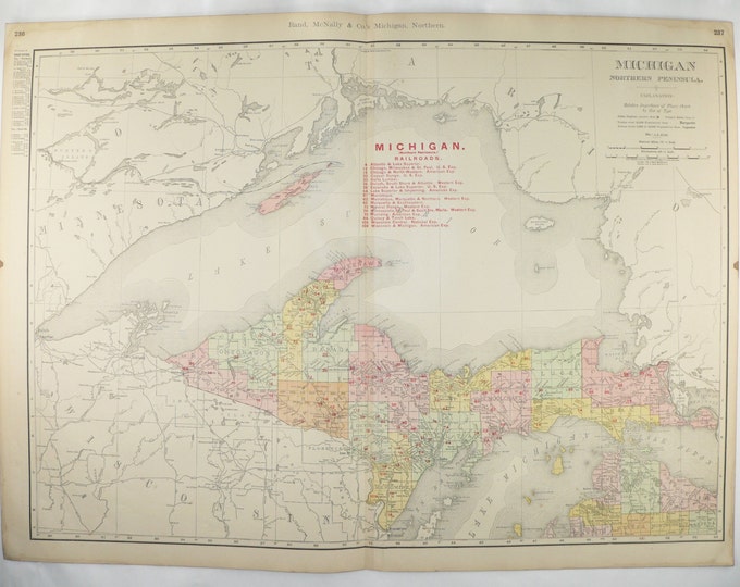 Upper Peninsula MI Map, UP Michigan Map 1903 Large Antique Map, Lake ...