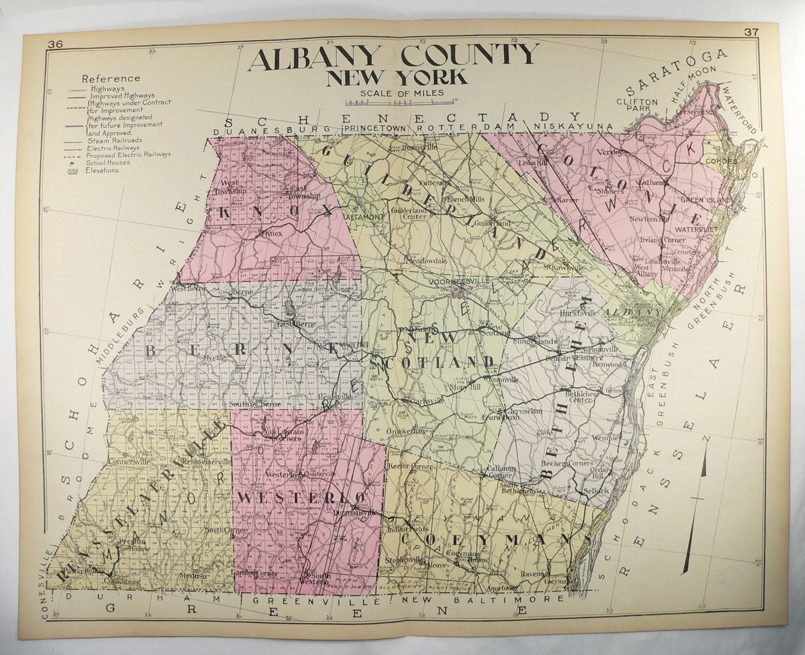 Albany County NY Map New York 1912 Large Map Genealogy History Map ...