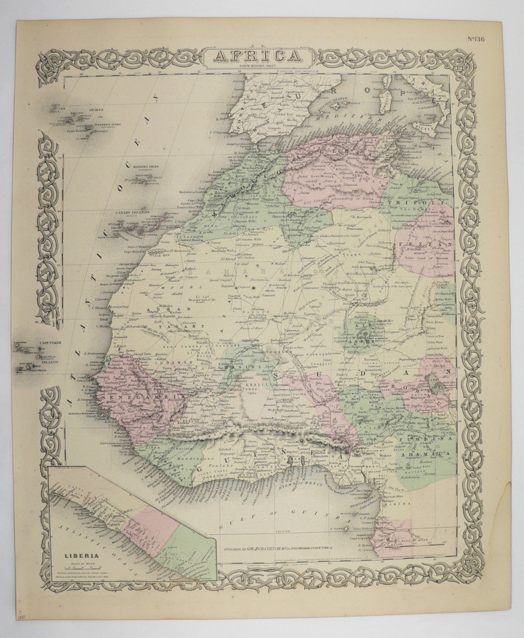 Antique NW Africa Map, Sahara Desert Map, Sudan Liberia Map Morocco ...