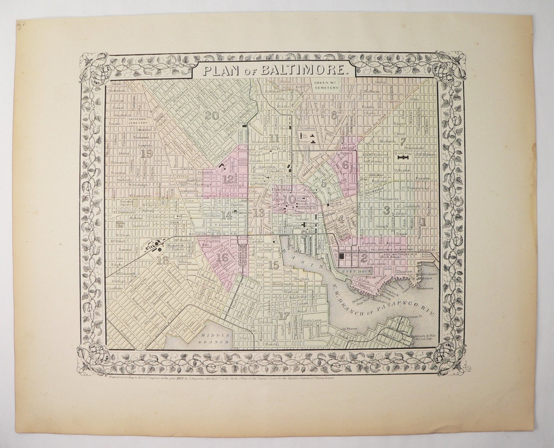 Antique Baltimore Map 1872 Mitchell Map of Baltimore MD City - Etsy