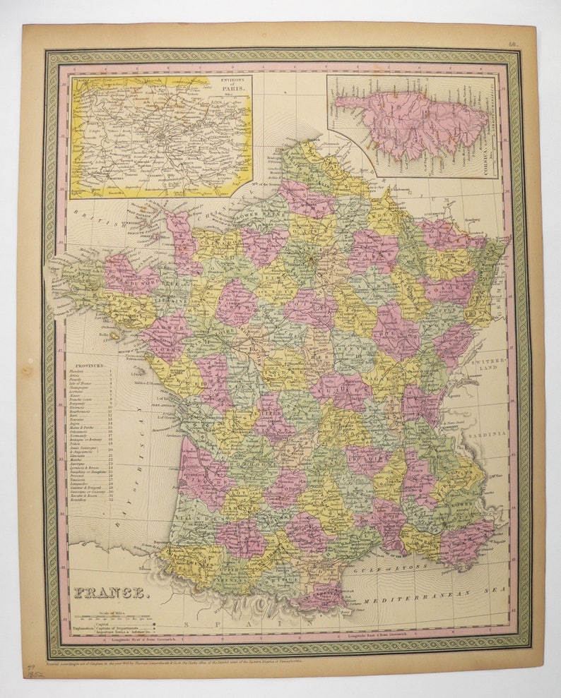 Real 1852 Mitchell France Map, Original Antique Map of France, Art Map ...