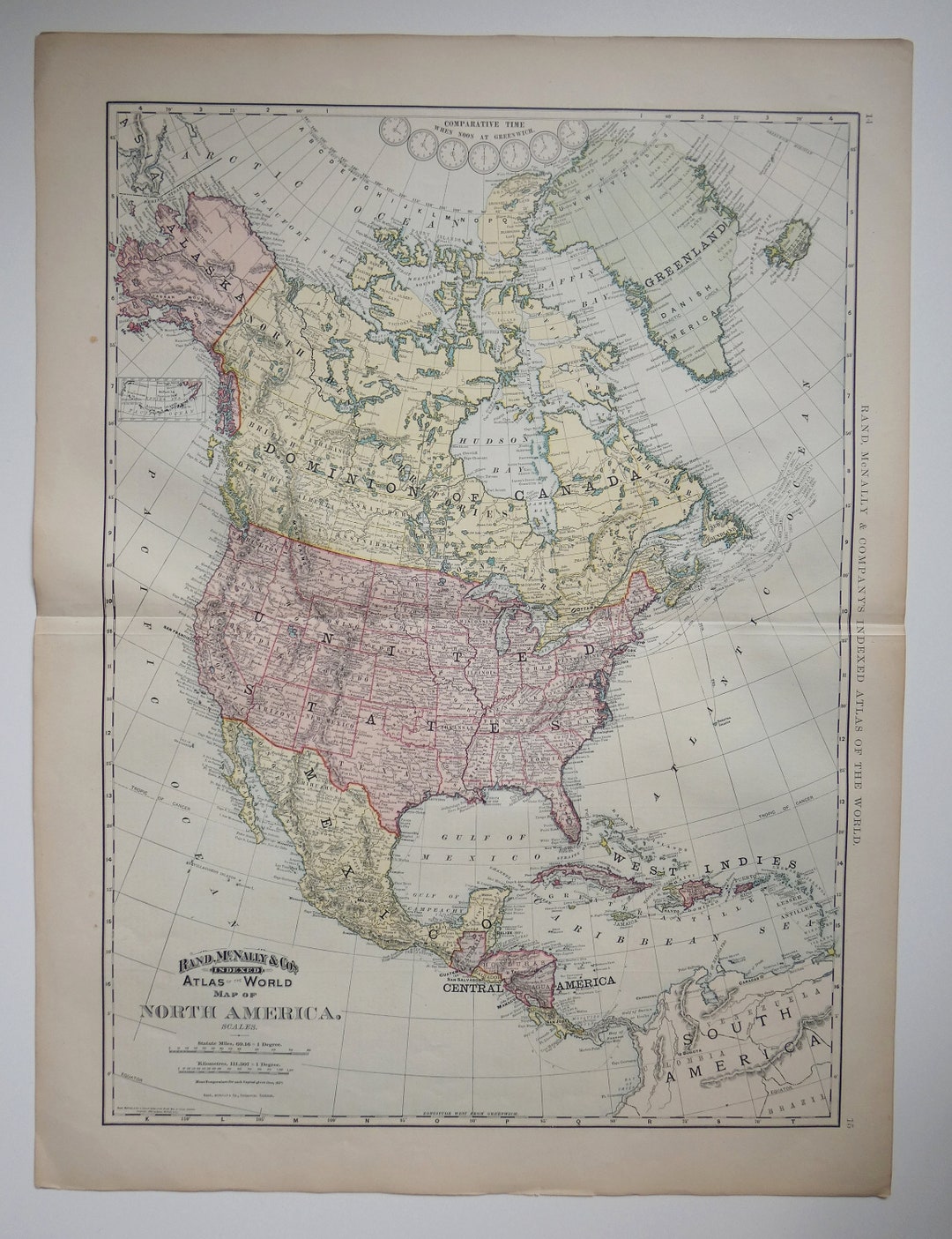 Large 1892 North America Map, United States, Canada, Mexico, Caribbean ...