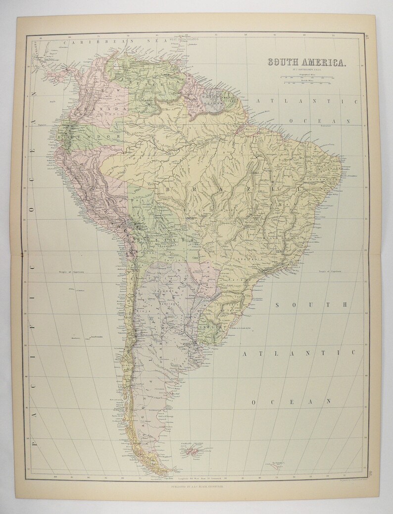 Original Vintage South America Map 1884 A C Black Map South America ...