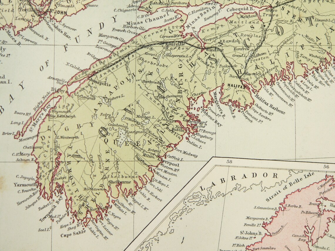 Maritime Canada Map 1873 Large Vintage Map Eastern Canada, New ...