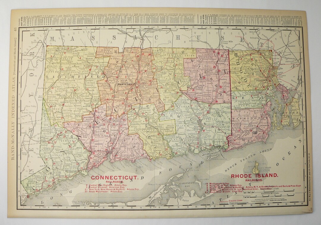 Antique Map of Connecticut Rhode Island 1908 Rand Mcnally Connecticut ...