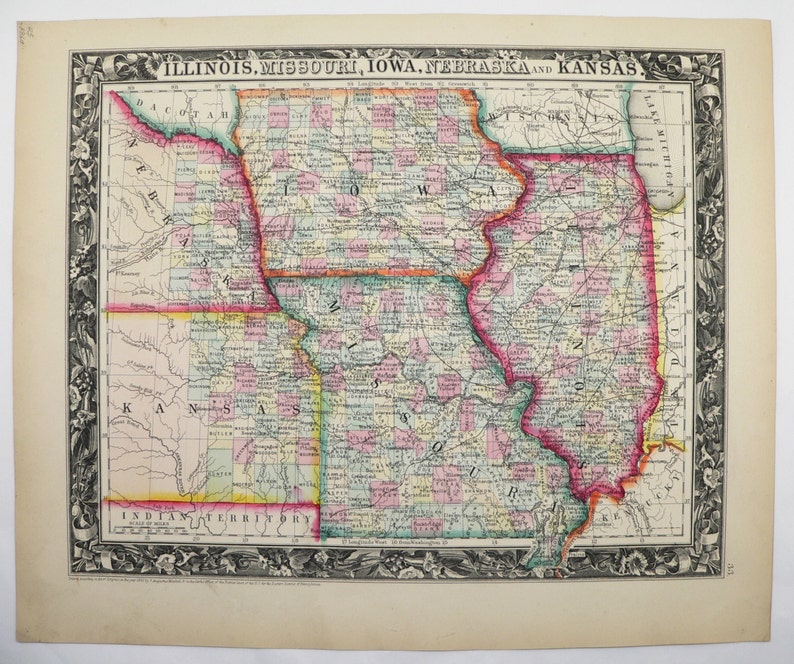Original 1860 Mitchell Map of Illinois, Missouri, Iowa, Kansas and ...