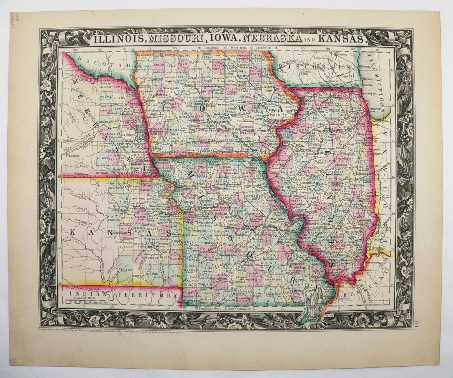 Original 1860 Mitchell Map of Illinois, Missouri, Iowa, Kansas and ...