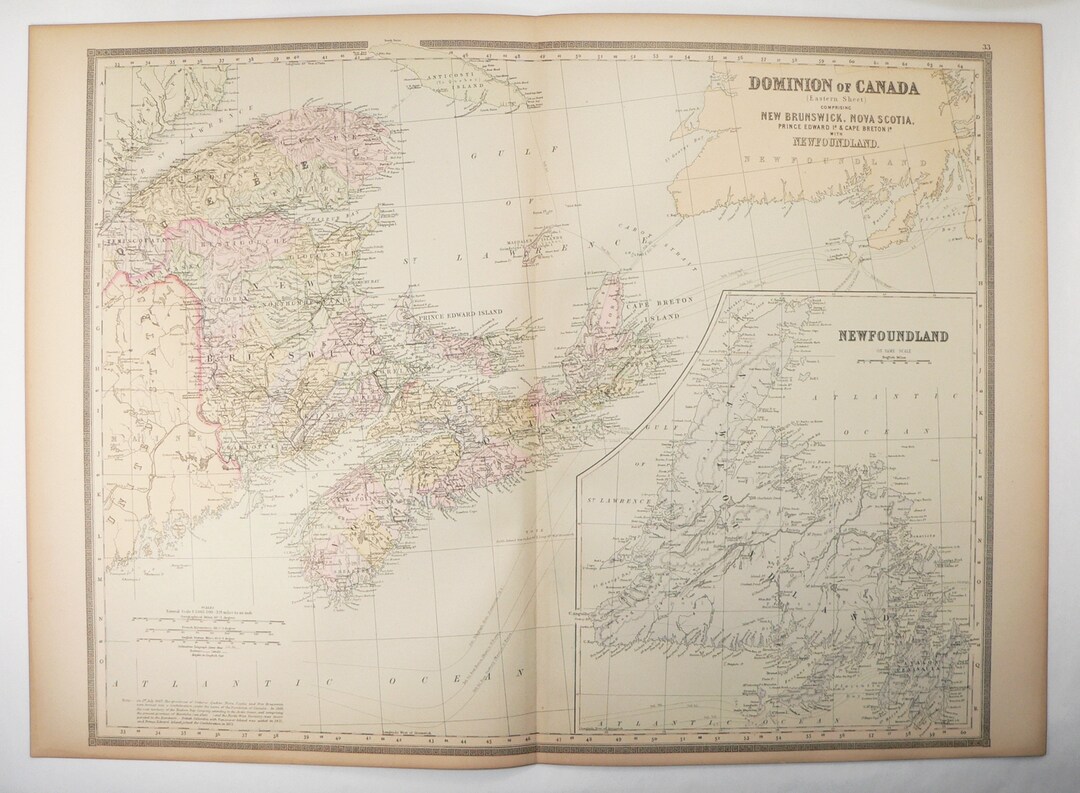 1889 Dominion of Canada Map, Nova Scotia New Brunswick, Newfoundland ...