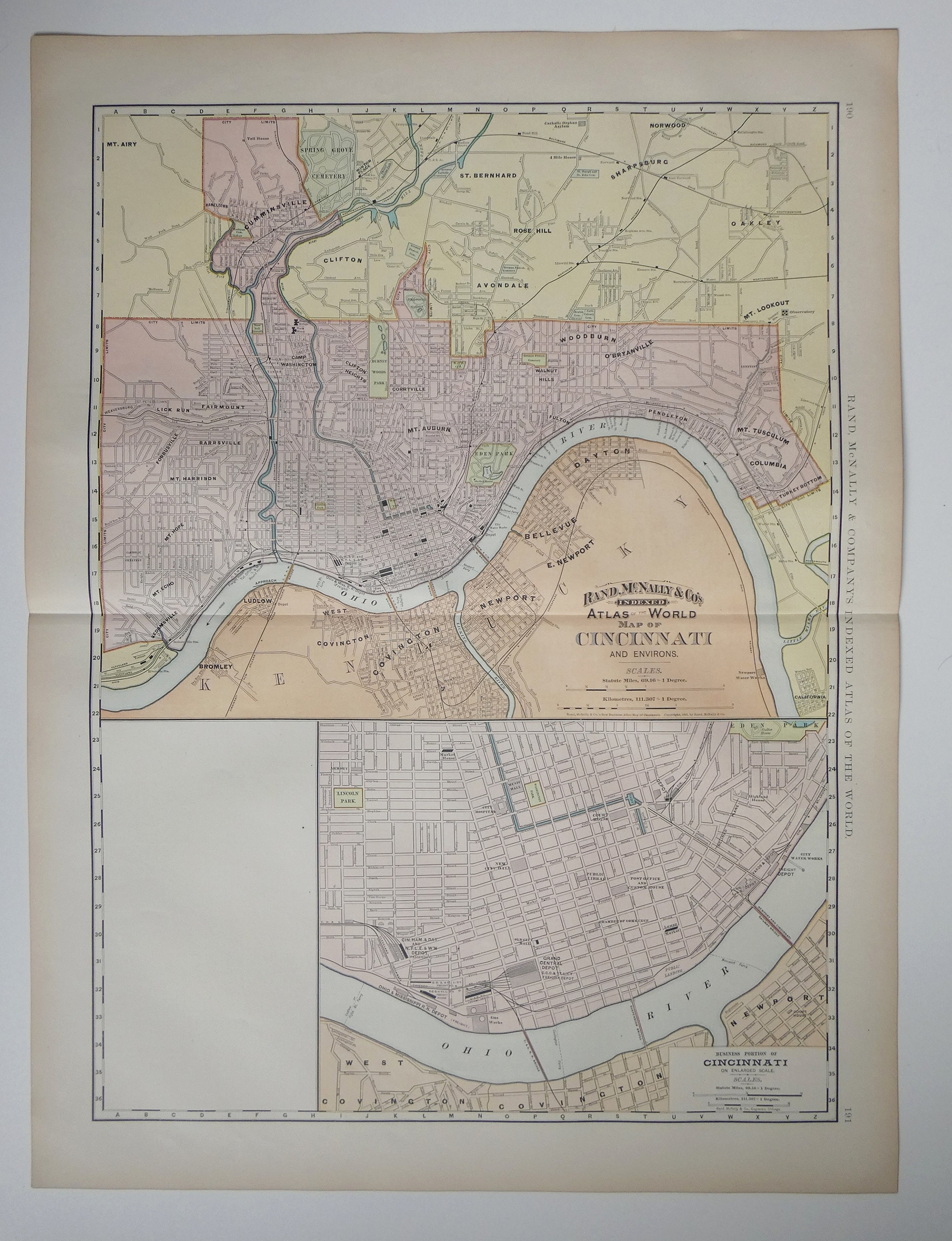 1892 Large Vintage Cincinnati Map, City Street Map of Cincinnati Ohio ...