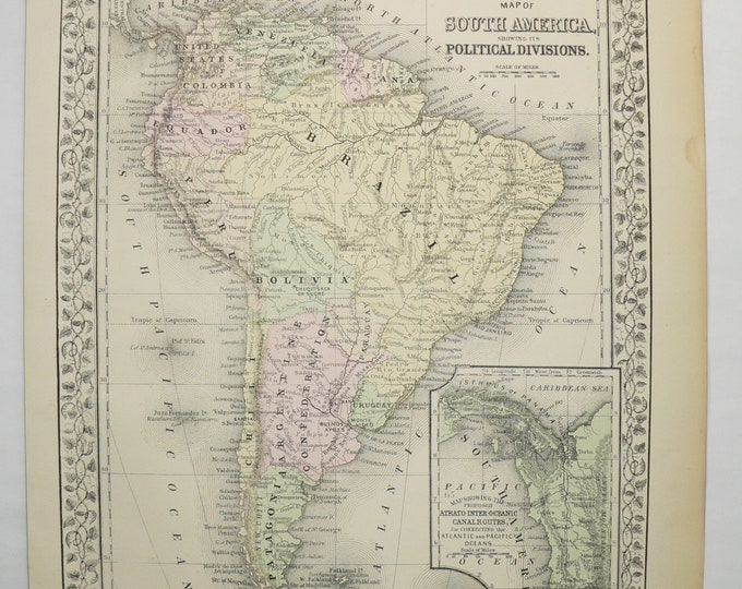 Antique South America Map 1872 Mitchell Map South America Gift, Brazil ...