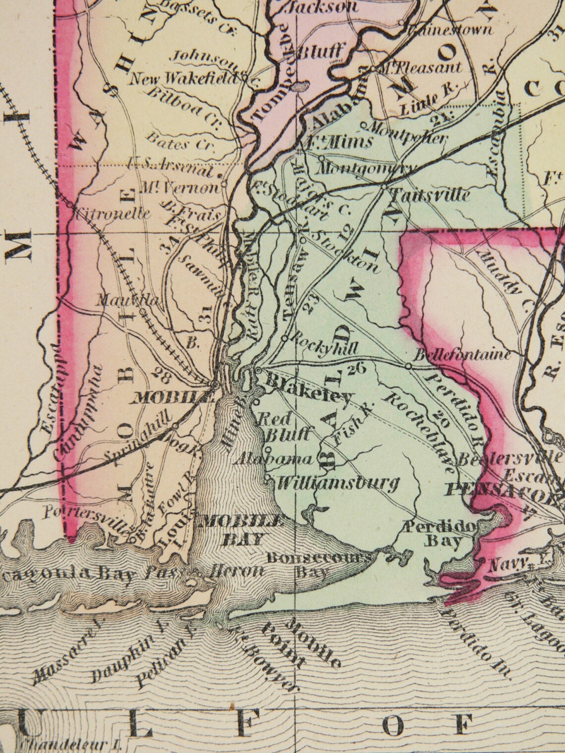 Antique Alabama Map 1858 Mitchell Desilver Map of Alabama, Gulf Coast ...