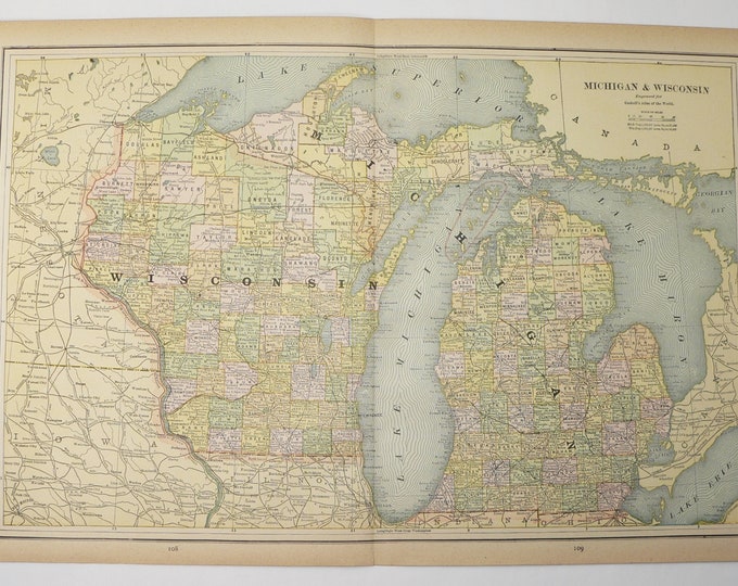 Antique Map of Michigan and Wisconsin, Upper Peninsula Map UP Lake ...