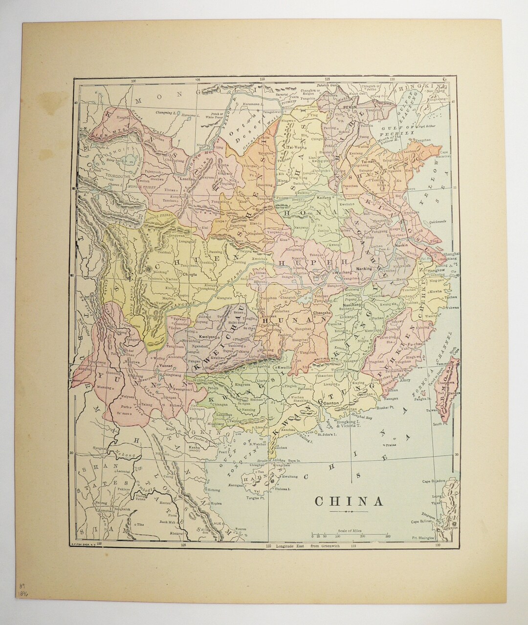 Antique China Map 1896 Original Vintage Map of China, Formosa Taiwan ...
