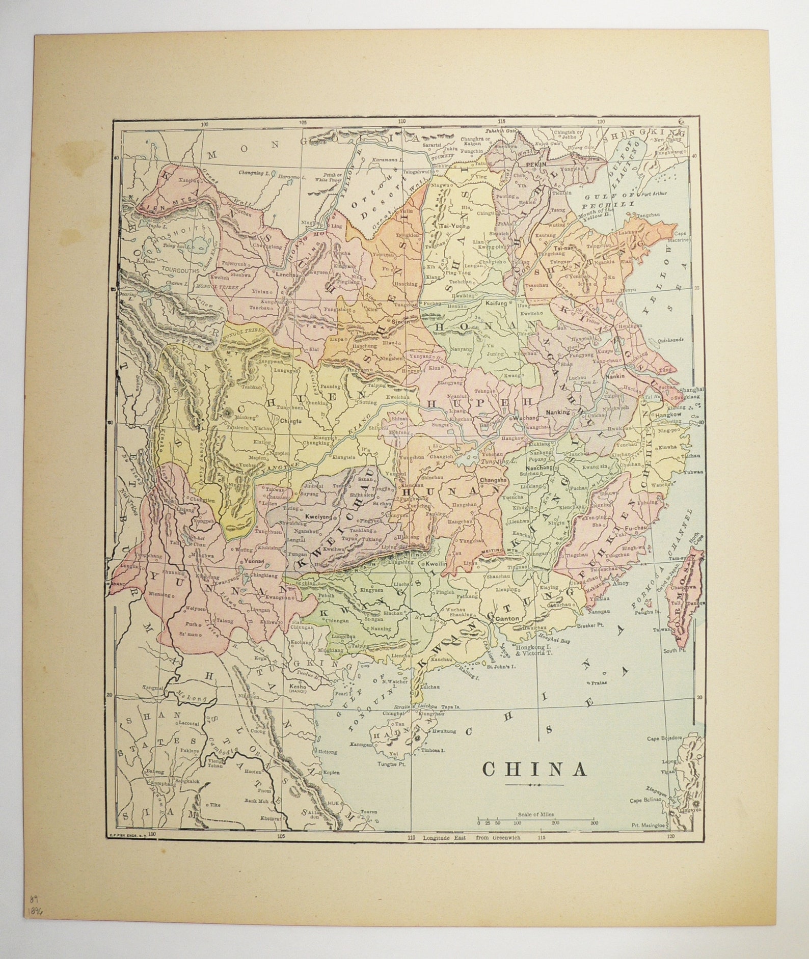 Antique China Map 1896 Original Vintage Map of China, Formosa Taiwan ...