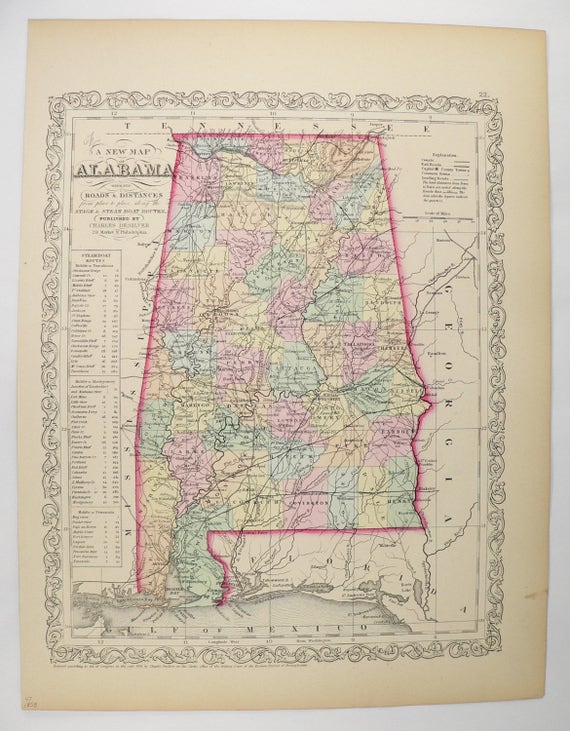 Antique Alabama Map 1858 Mitchell Desilver Map of Alabama - Etsy