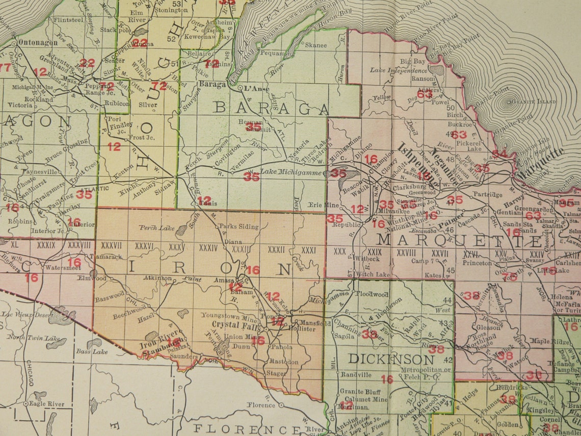 Large Upper Peninsula MI Map UP Michigan Map 1908 Original - Etsy
