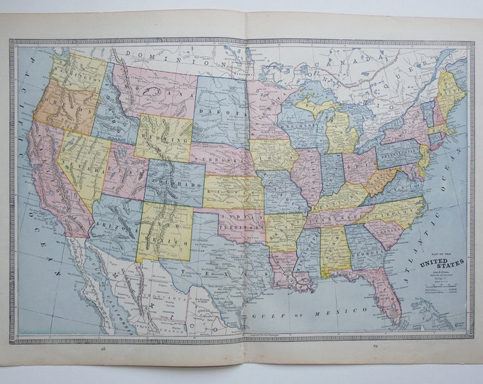Antique United States Map 1884 Cram Map of the United States,color Map ...