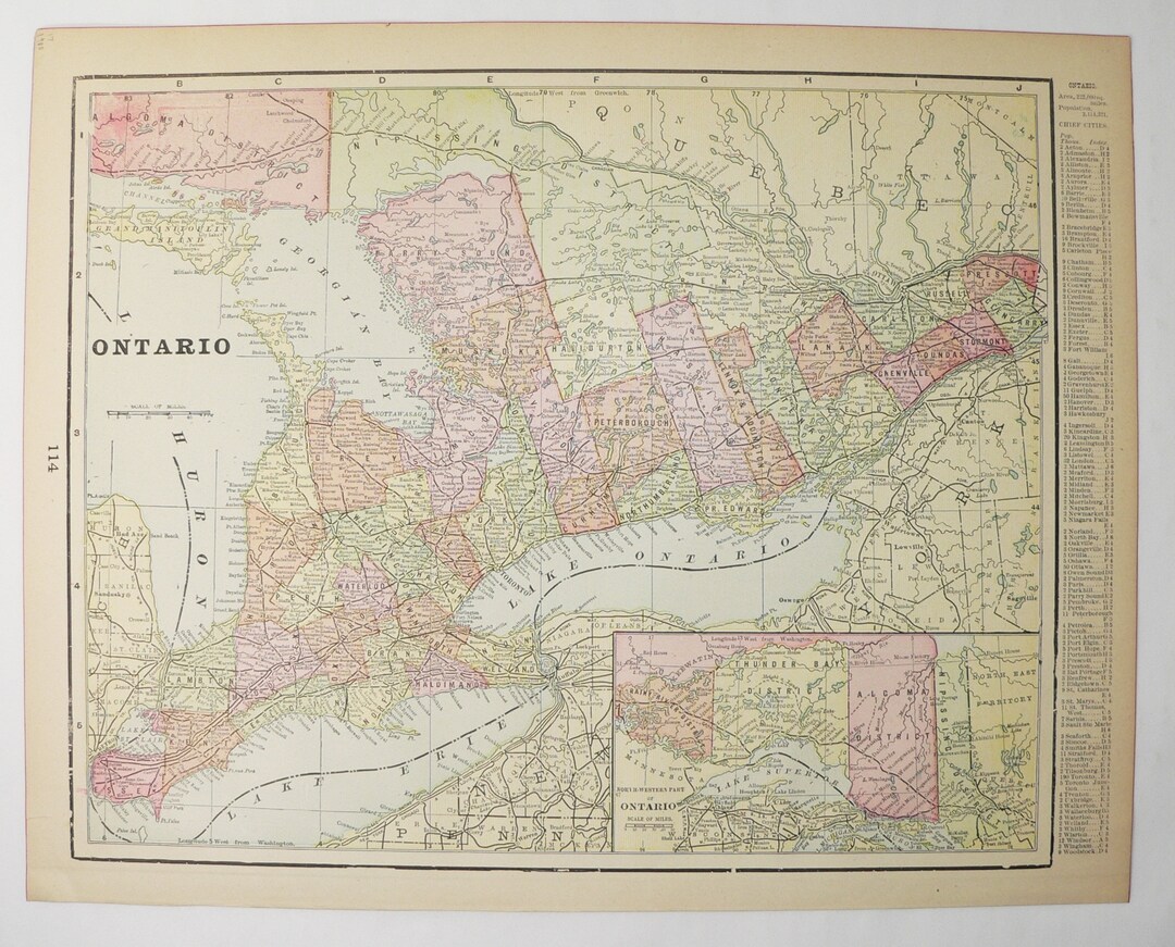 1900 Ontario y Quebec Canadá Mapa, Original Antique Map Eastern Canada ...