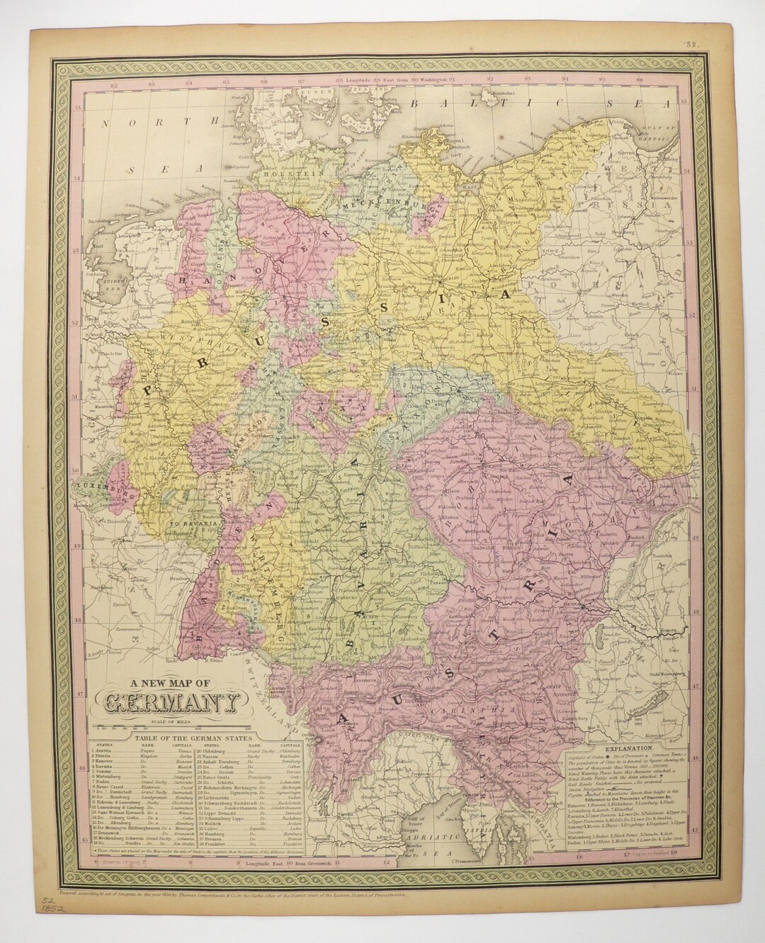 1852 Mitchell Map of Germany, Austria Map, Czechia Prussia Map, German ...