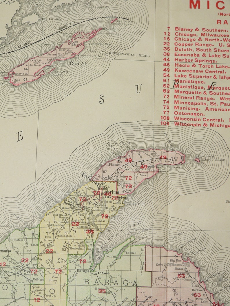 Large Upper Peninsula MI Map UP Michigan Map 1908 Original - Etsy