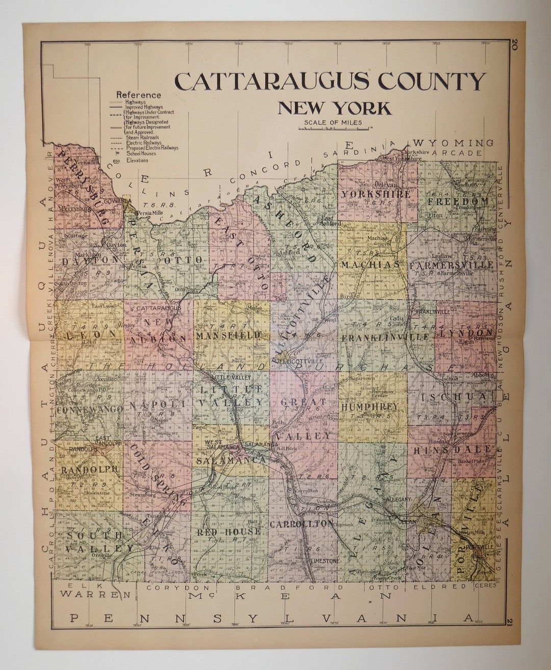 Large 1912 Map of Cattaraugus County NY Map, New York County Map ...