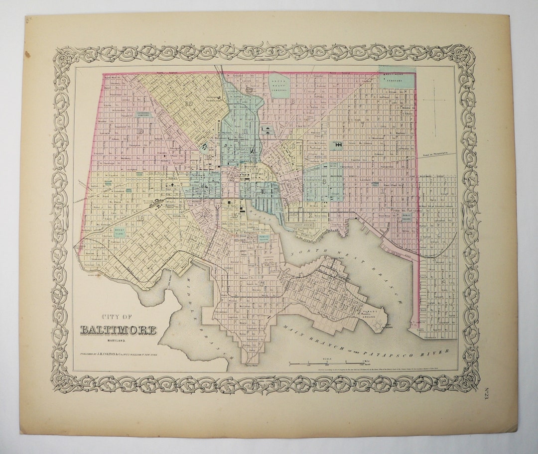 Antique Map of Baltimore MD 1856 Colton Map, City Street Map, Unique ...