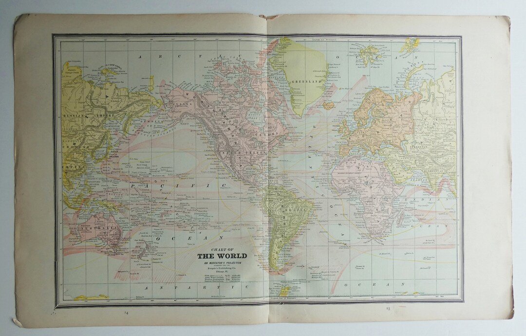 Vintage Map of the World 1889 World Map on Mercators Projection, Ocean ...