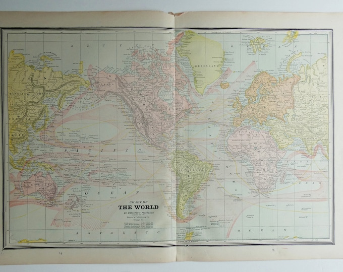 Vintage Map of the World 1889 World Map on Mercators Projection, Ocean ...