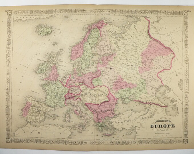 Old World Europe Map, 1867 Johnson Map, Europe Vintage Decor, 1st ...