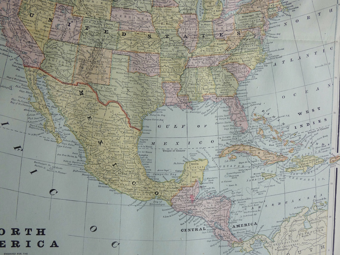 1889 Antique North America Map, United States, Canada, Mexico, Central ...